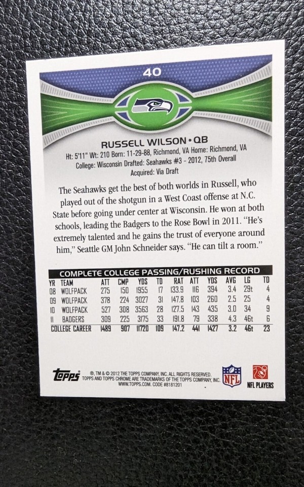 2012 TOPPS CHROME #40 RUSSELL WILSON ROOKIE CARD RC SEATTLE SEAHAWKS ...