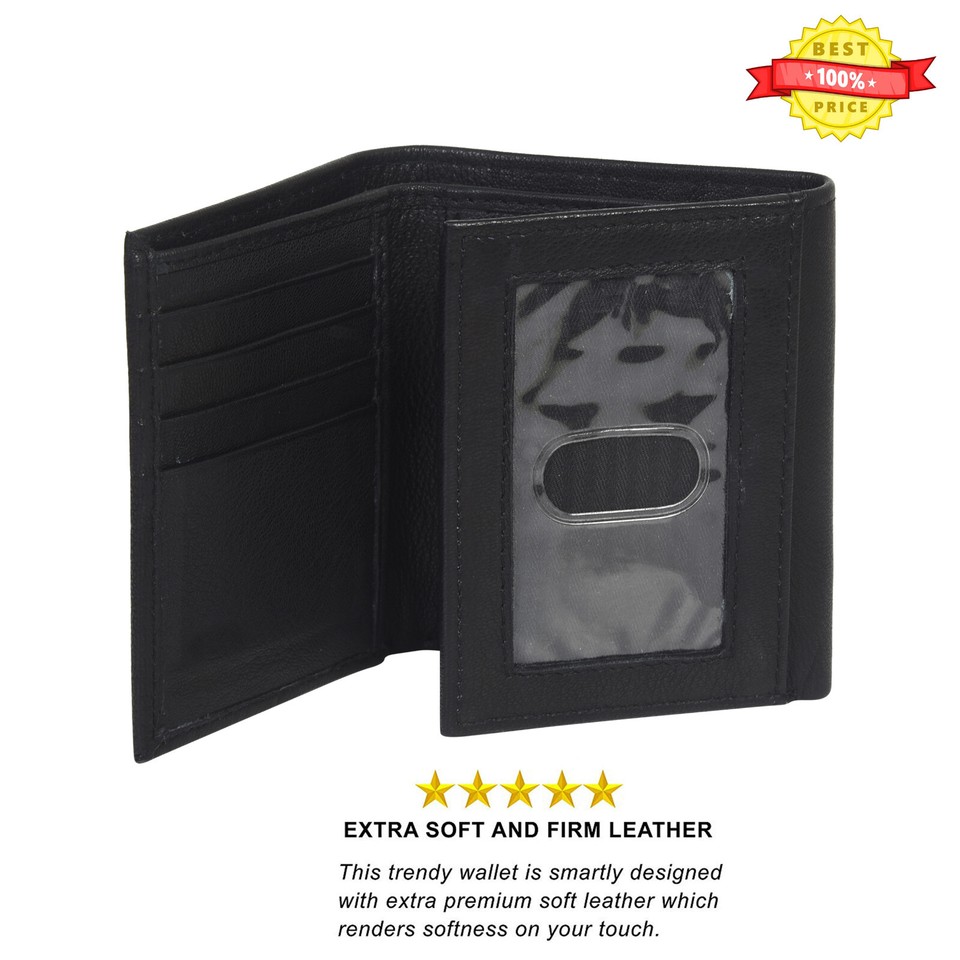 New Mens Black Genuine Leather Trifold Wallet ID Window Credit Card ...