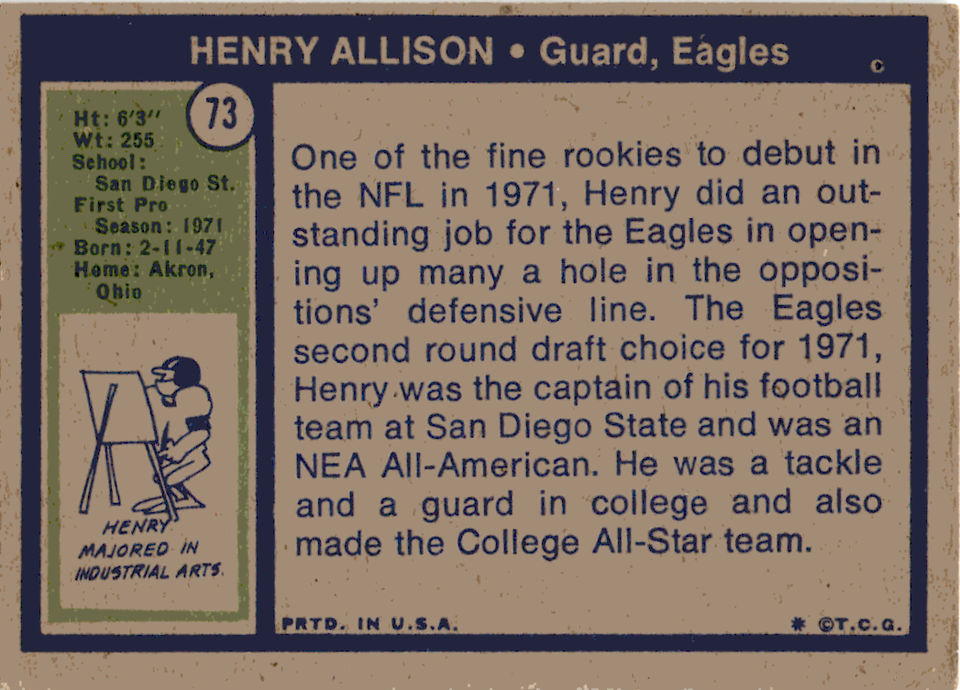 1972 Topps #73 Henry Allison Philadelphia Eagles Rookie | eBay