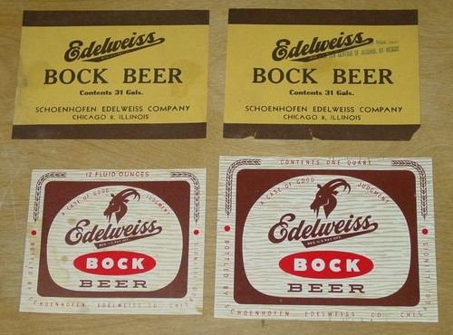 4 older beer labels from Chicago, Schoenhofen Edelweiss Co, Edelweiss ...