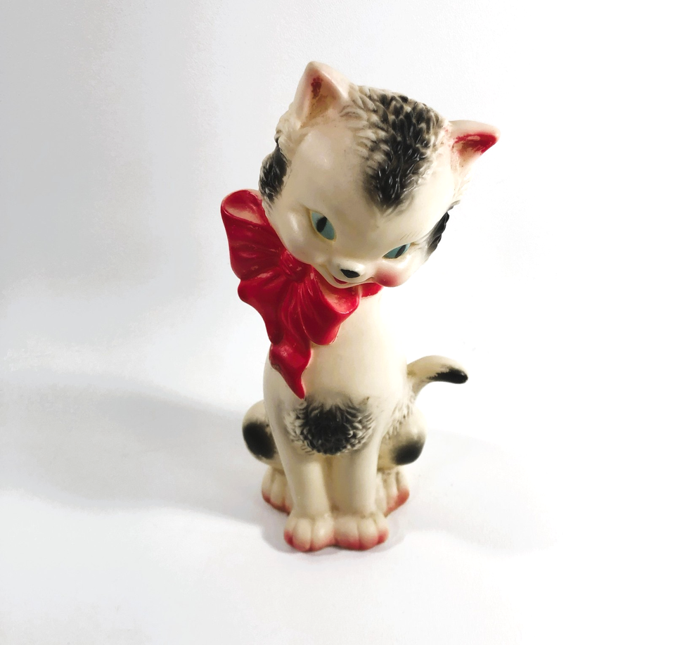 Vintage 1950's Sun Rubber Co Cat White Black Squeaky Toy Red Bow Kitsch ...