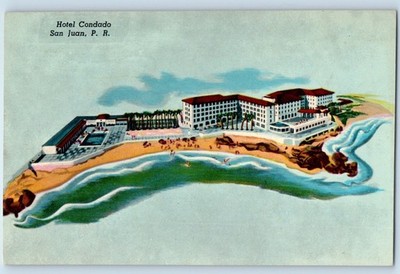 San Juan Puerto Rico Postcard Hotel Condado Aerial View Painting c1950 ...