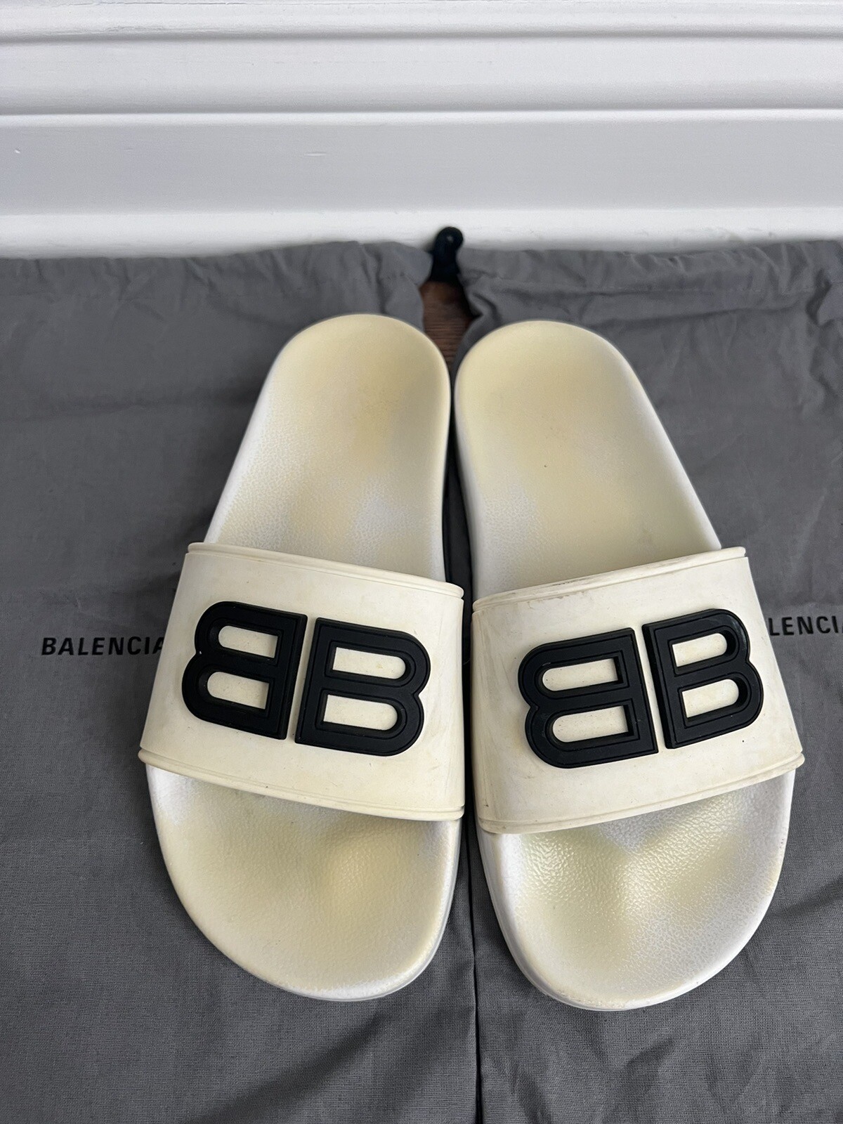 Balenciaga BB Logo Pool Slides Sandals White Black s… - Gem