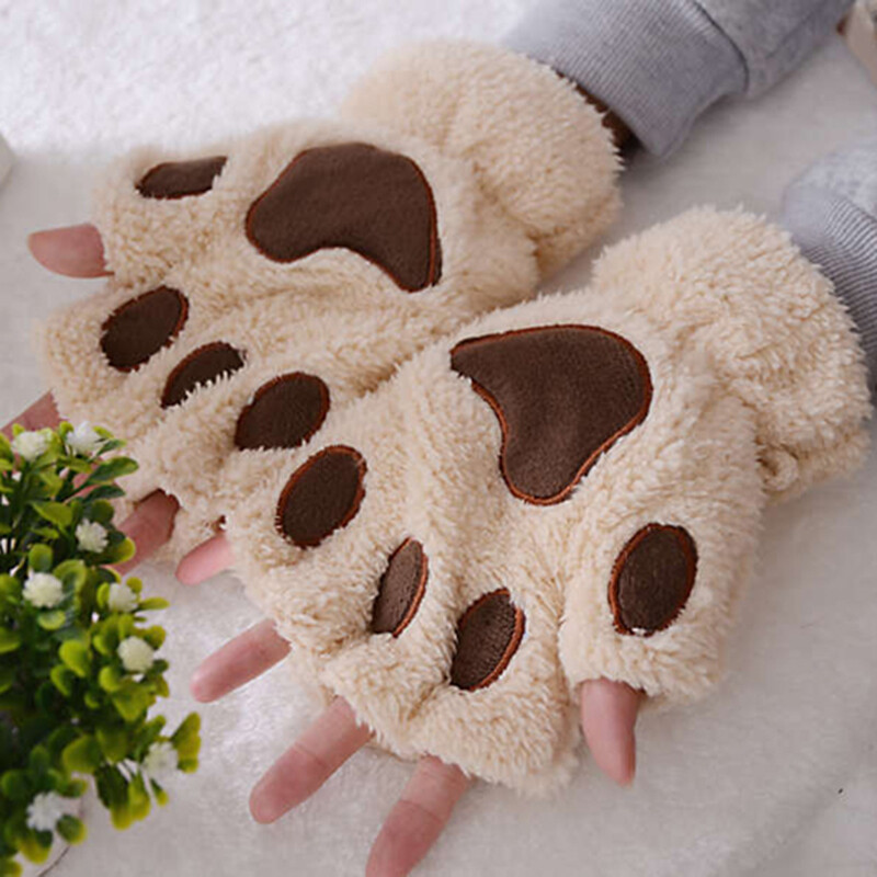 Cute Cat Claw Plush Mittens Fluffy Bear Gloves Costume Half Finger ...