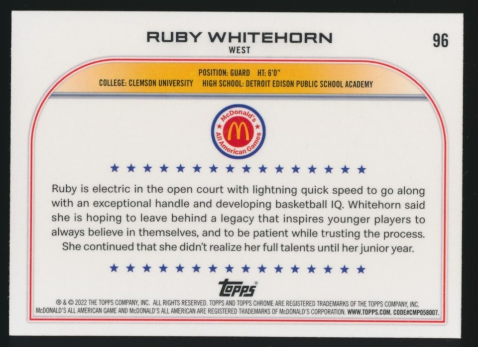 #96 RUBY WHITEHORN 2022 Topps Chrome McDonald's All-American RC CLEMSON ...