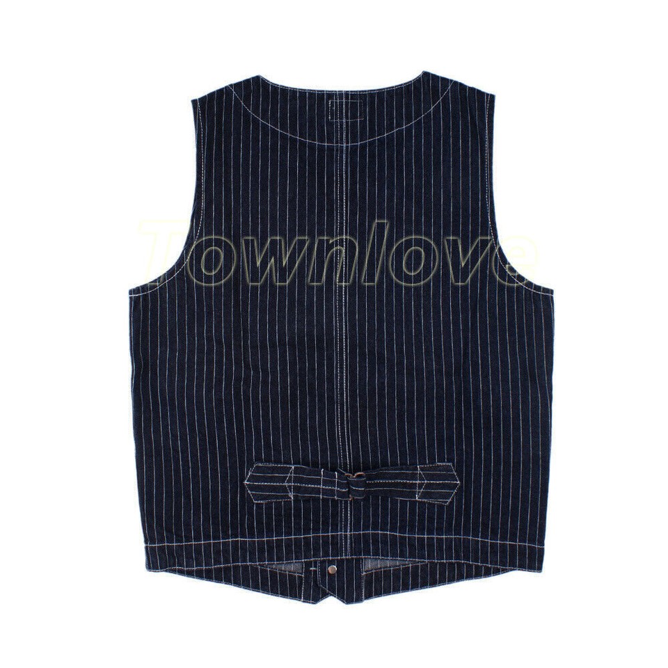 Men's Railroad Work Vest Stripe Denim Pockets Waistcoat Vintage Casual ...