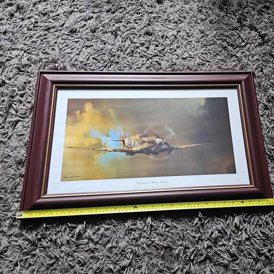"SPITFIRE" PRINT, By BARRIE AF CLARK, Mahogany Frame GLASS FRONTED ...