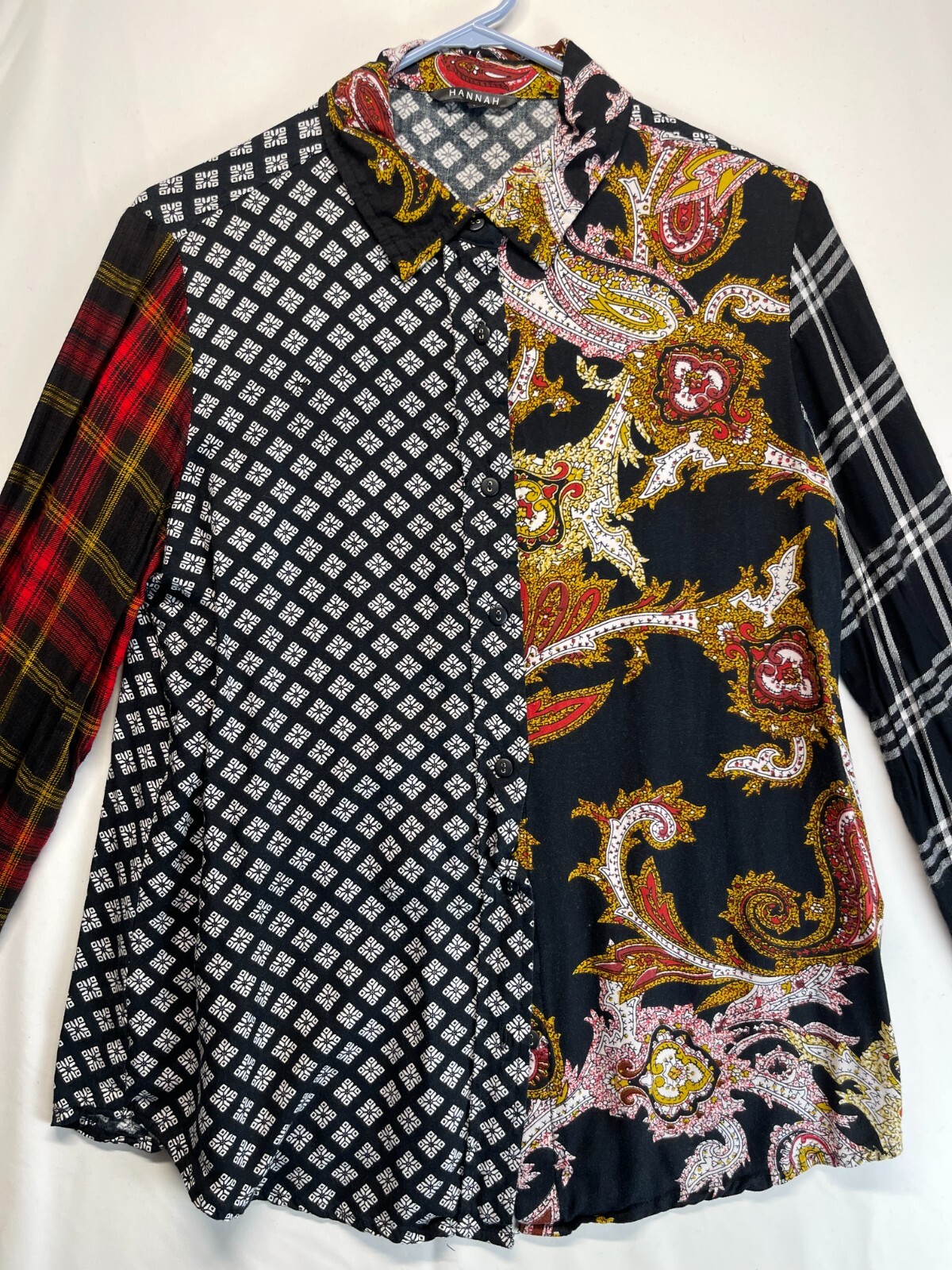 Hannah Unique Mixed Print Patchwork Button Down Long … - Gem