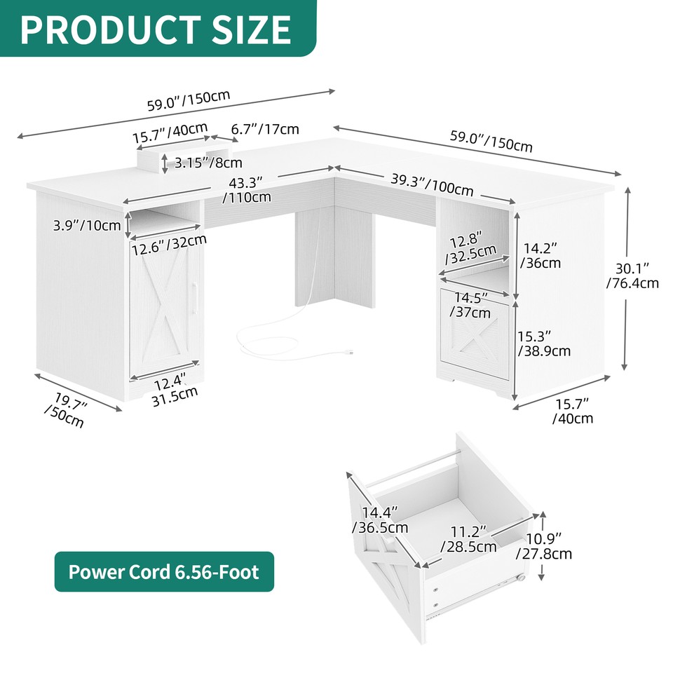60 Inch L Shaped Desk with Power Outlets Corner Computer Desk with File ...