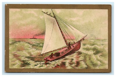 POSTCARD Sailboat on Ocean Steamer in Background High Waves Breakers | eBay