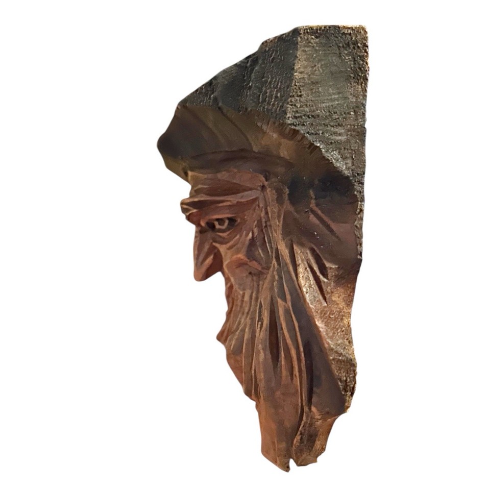Vintage Hand Carved Wood Old Man Wizard Face Bearded Tree Sculpture 12 ...