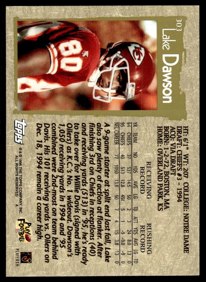 1996 Topps Lake Dawson Kansas City Chiefs 303 DESCRIPTION MAY BE 1996-topps-lake-dawson-kansas-city-chiefs-303-description-may-be