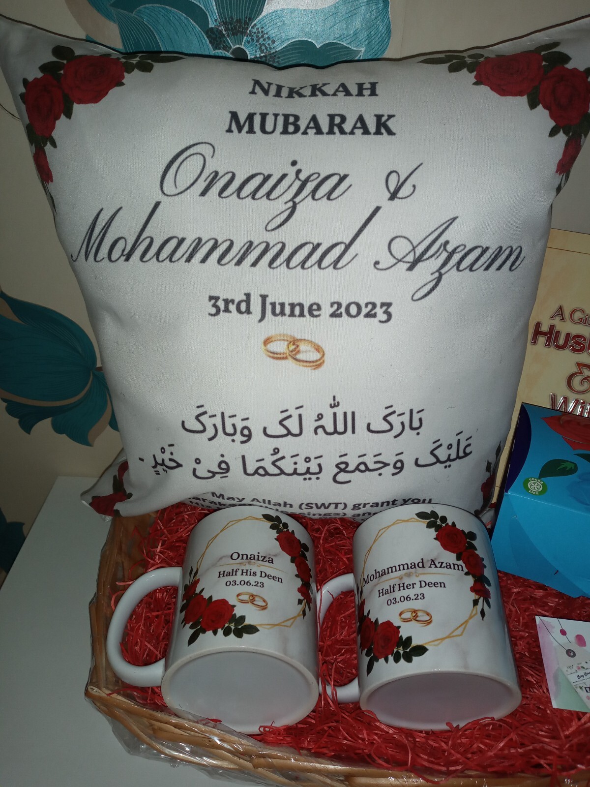 Personalised Nikkah Islamic Couple Cushion Mug Gift Hamper Basket Set ...