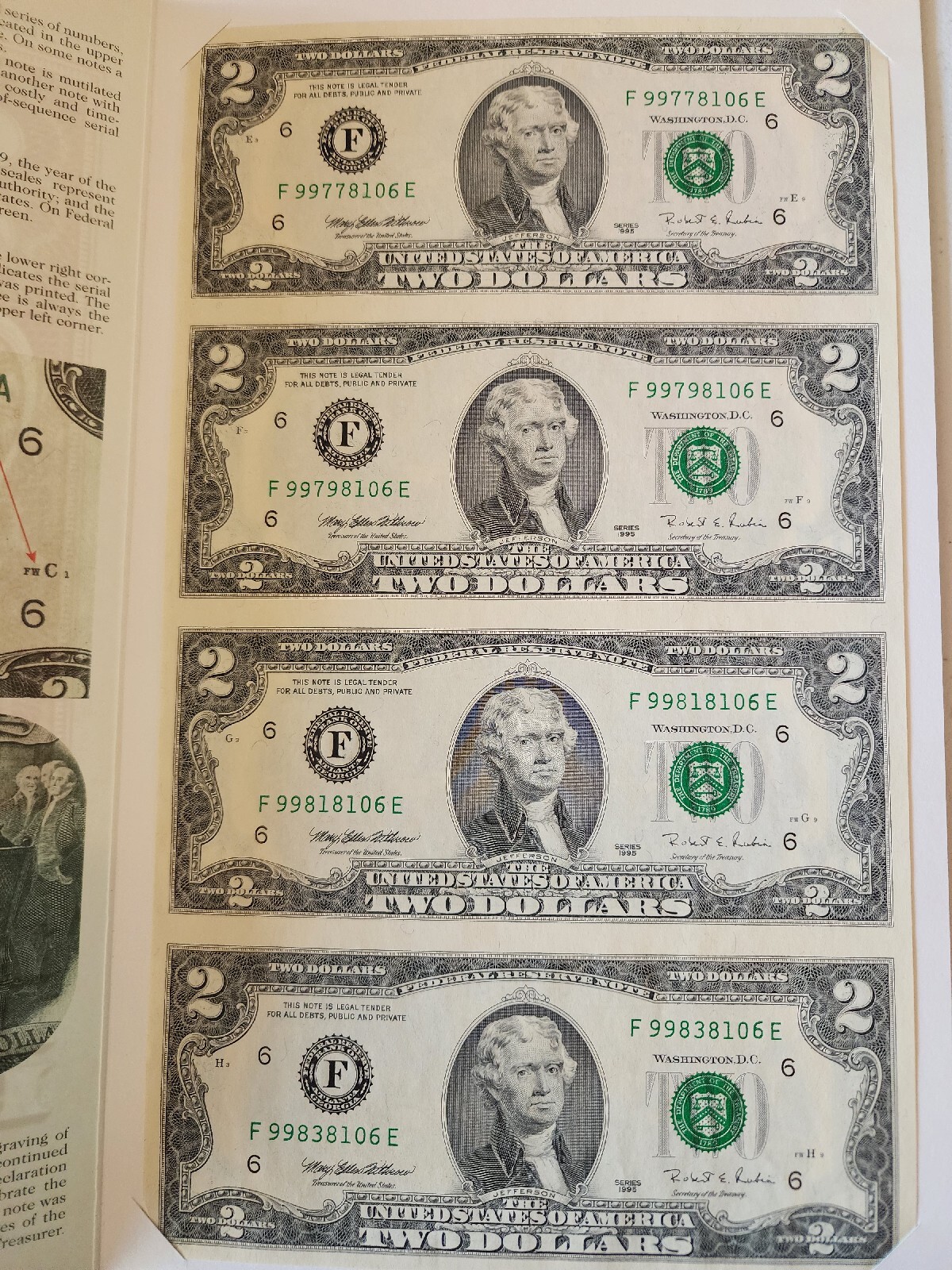 1995 BEP Uncut Sheet $2.OO (TWO) DOLLAR 4 Bills Notes Money ...