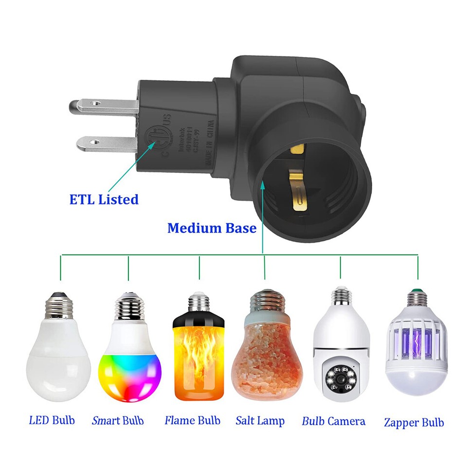 360° Plug in Light Socket Outlet to Light Bulb 3-Prong Outlet E27 ...