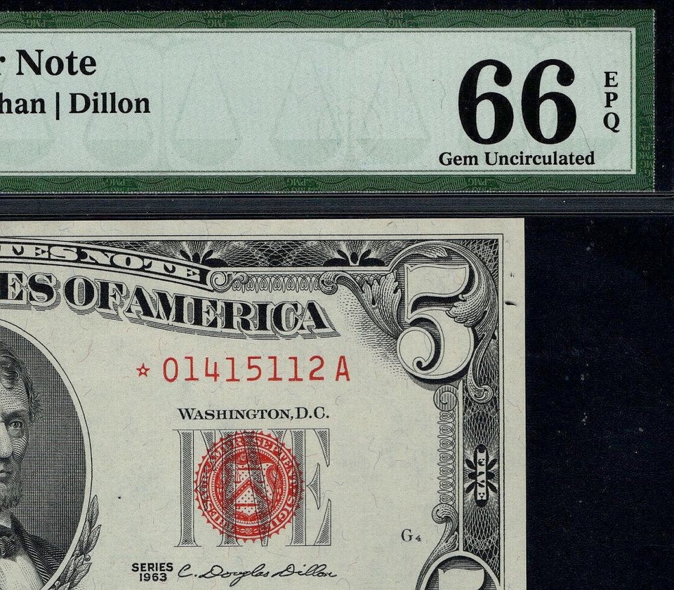 1963 $5 Legal Tender US Note Red Seal STAR NOTE REPLACEMENT NOTE PMG 66 ...