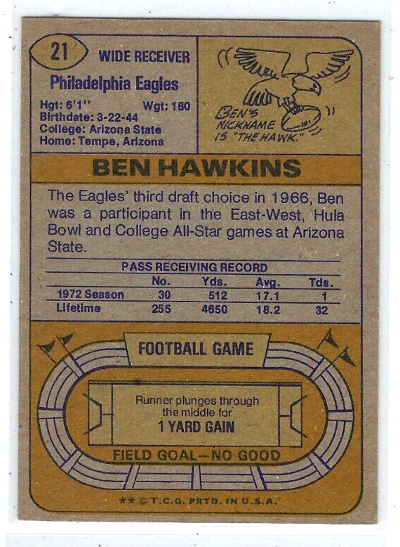 1974 Topps Football #21 - BEN HAWKINS - Philadelphia Eagles | eBay