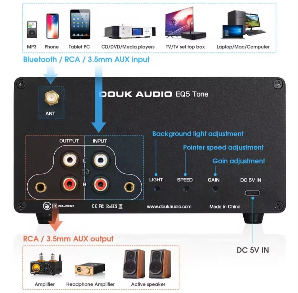 Douk Audio EQ5 PRO Mini 5 Band EQ Preamp Stereo Bluetooth Equaliser VU ...