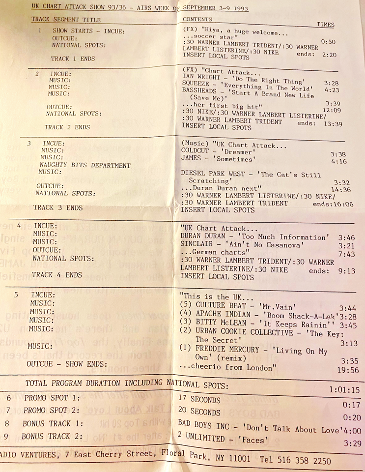 9/3/93 ROCK OVER LONDON: IAN WRIGHT, SQUEEZE, FREDDIE MERCURY, JAMES ...