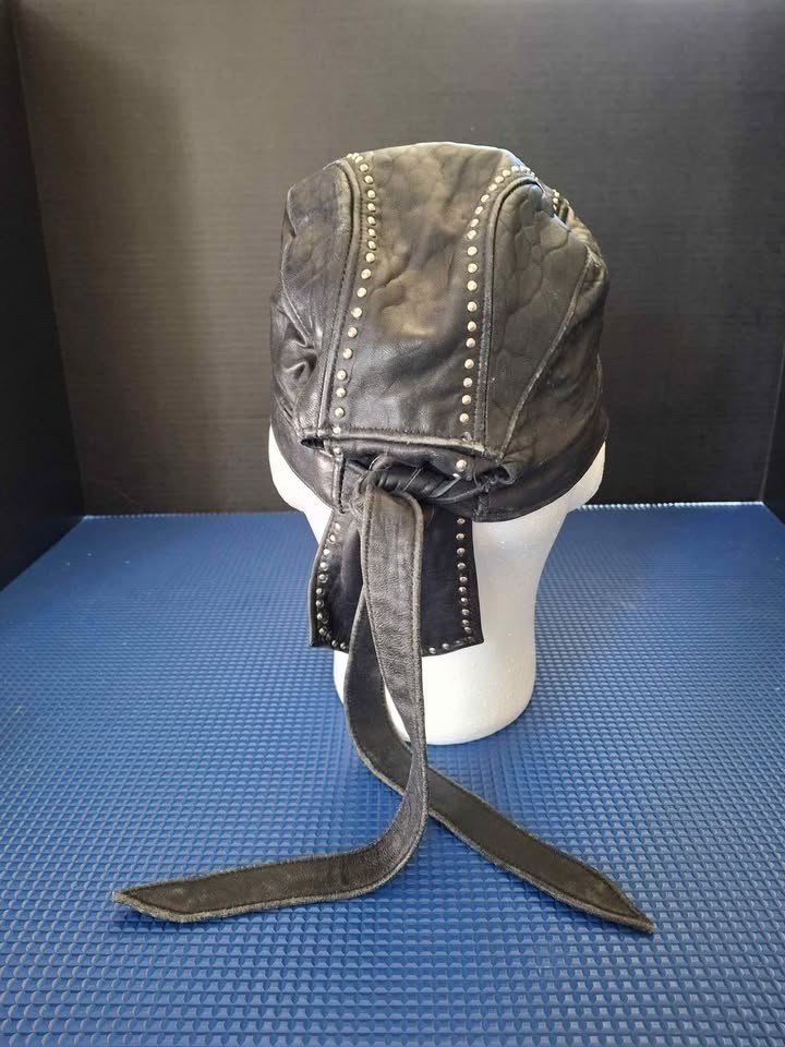 Leather Motorcycle Skull Cap With Studs & Beaded Design | eBay