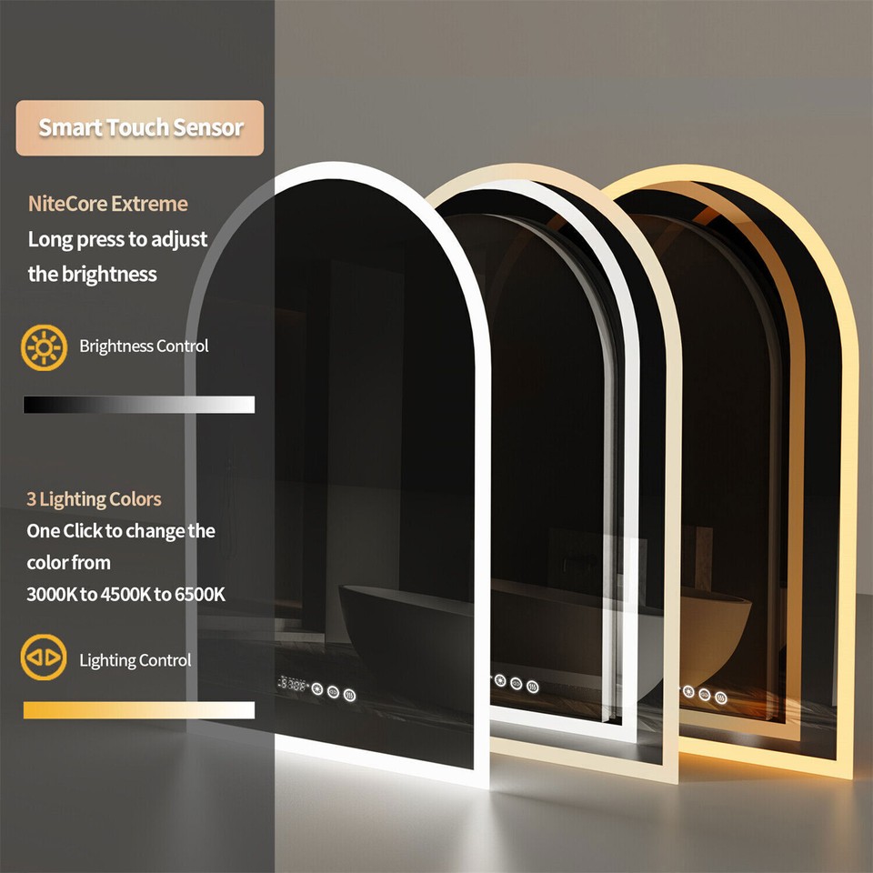 Elegant Arch top LED Bathroom Mirror Antifog Wall Mounted with Timer ...
