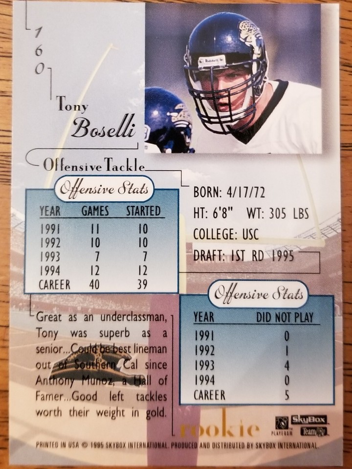 Tony Boselli Jacksonville Jaguars 1995 SkyBox Football Card #160 ROOKIE ...