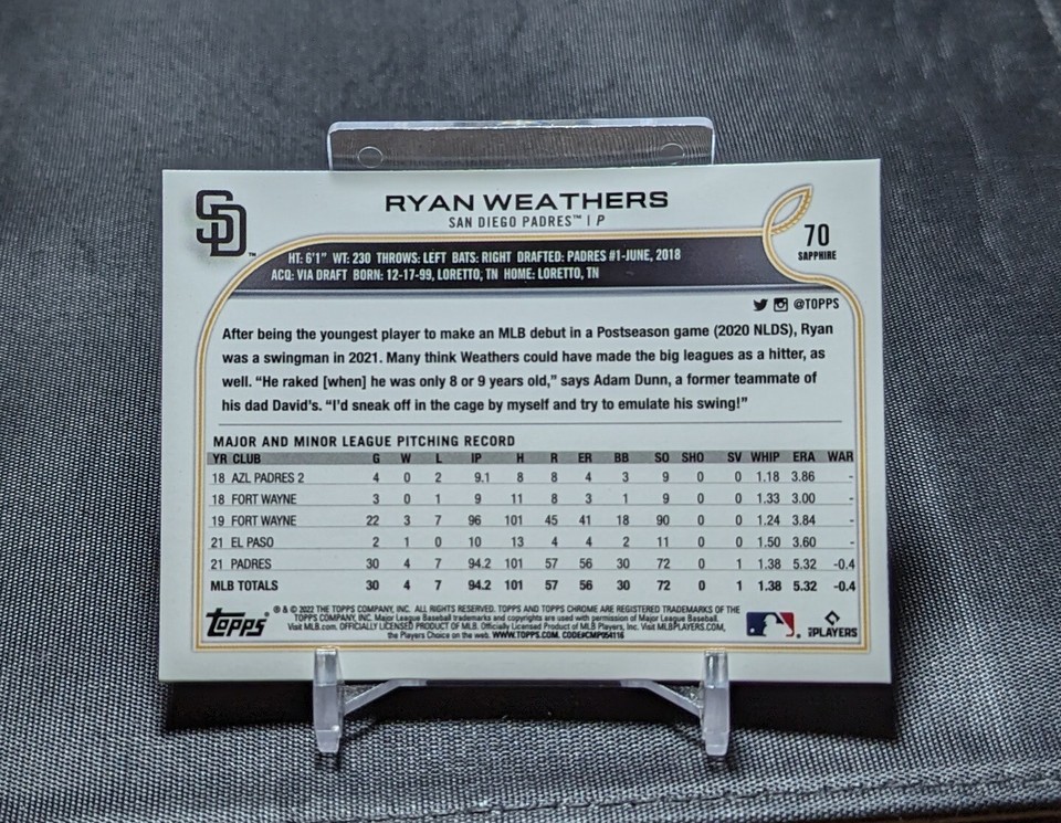 Ryan Weathers 2022 Topps Chrome Sapphire Baseball Card #70 San Diego ...
