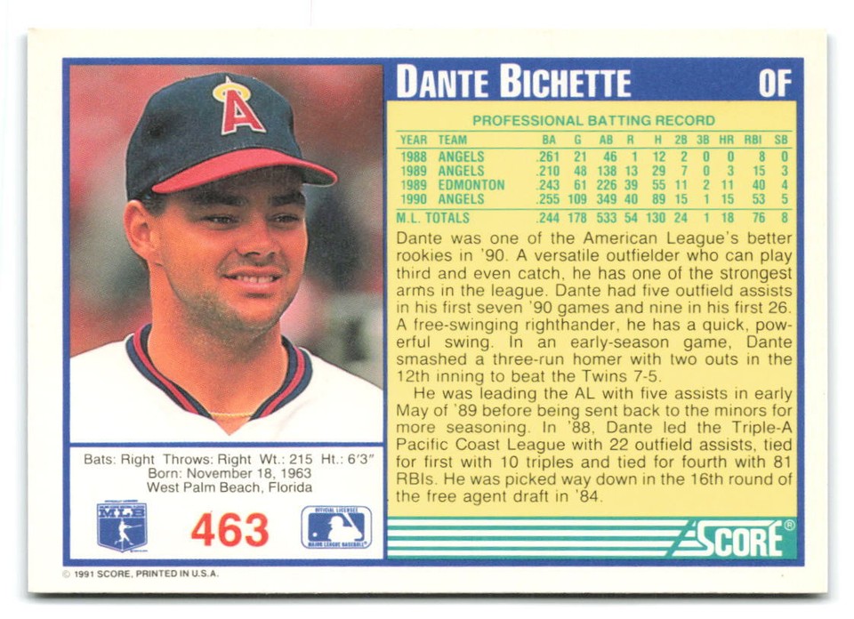 1991 Score Dante Bichette #463 California Angels BASEBALL Card | eBay