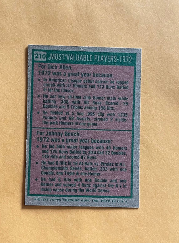 DCC: 1975 Topps Richie Allen Johnny Bench 1972 MVPs White Sox, Reds ...