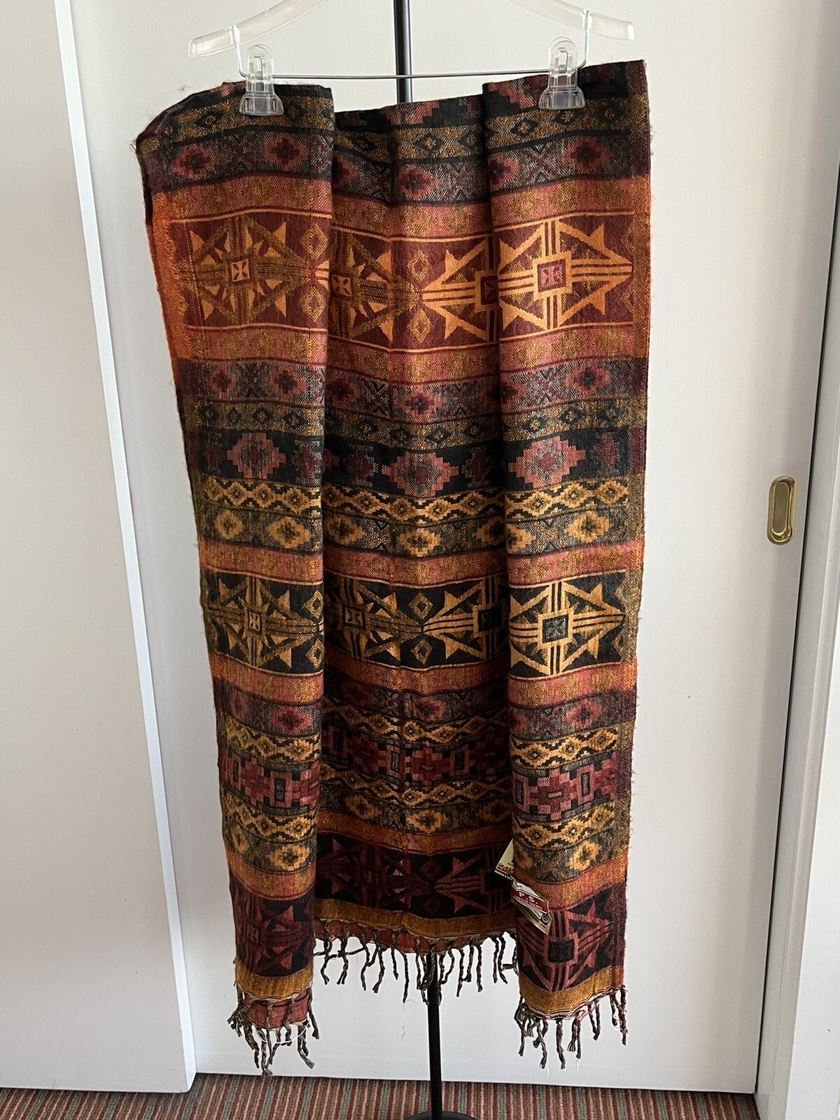 NWT Nepal Kashmir 100% Wool Geometric Aztec Wrap Shawl Rust Black ...