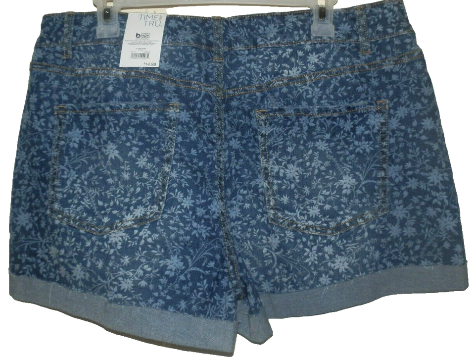 New Womens Size 16 Blue Floral Denim Shorts Time And Tru Cuff Pockets ...