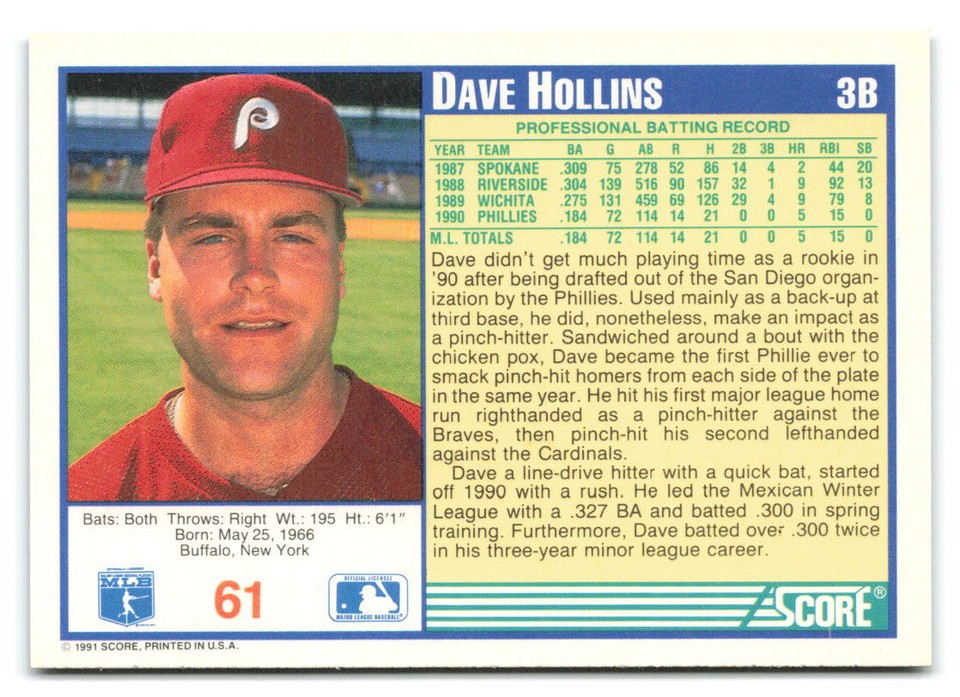1991 Score Dave Hollins #61 Philadelphia Phillies BASEBALL Card | eBay