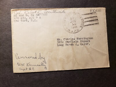 APO 650 ROME, ITALY 1944 Censored WWII Army Cover AAF/MTO w/ letter APO ...