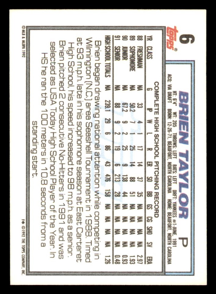 1992 Topps #6 Brien Taylor Rookie RC | eBay