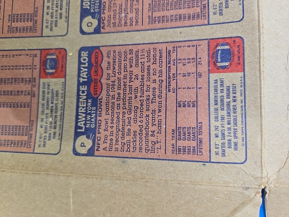 EMPTY 1985 TOPPS WAX PACK DISPLAY BOX LAWRENCE TAYLOR ROOKIE BOTTOM ...
