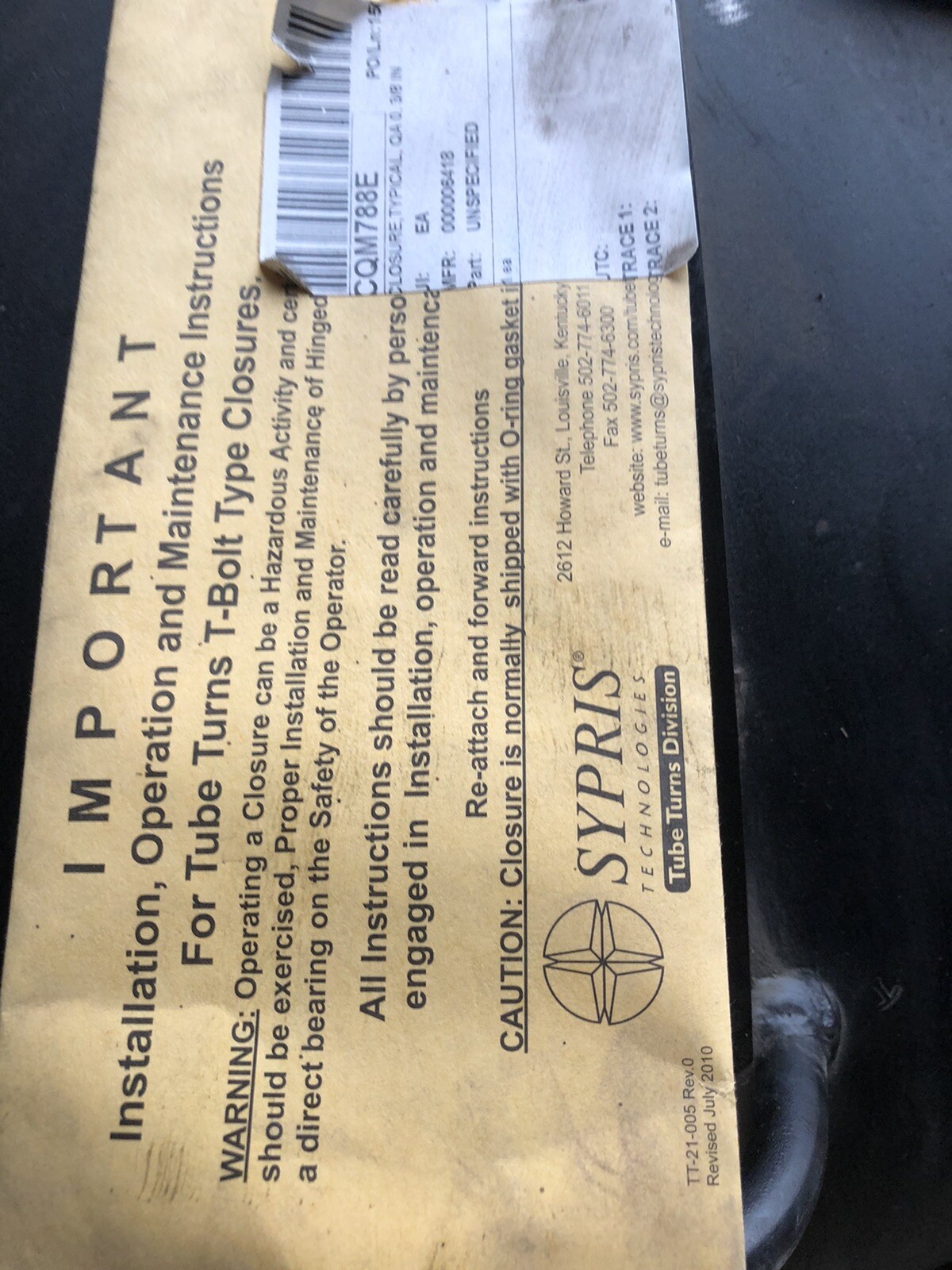 Tube Turns T Bolt Hinged Closure 26" Class 75 115 PSIG Temp 250°F ...