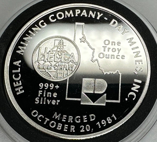 1982 Hecla Mining .999 Silver 1 Oz Day Mines Merger Bullion Art Round ...