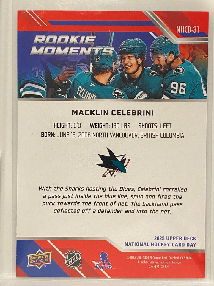 2025 Upper Deck Macklin Celebrini National Hockey Card Day NHCD-31 | eBay