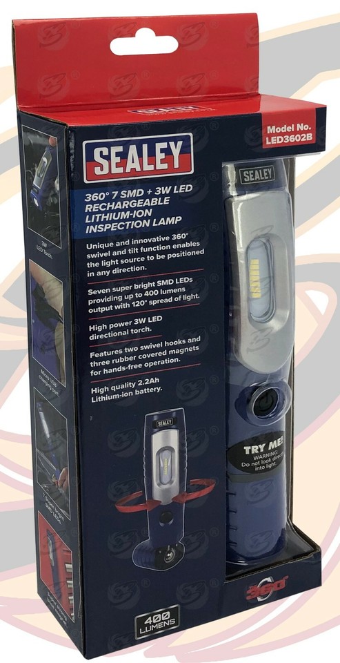 SEALEY SMD LED Work Light Torch Li-Ion Rechargeable Cordless Inspection ...