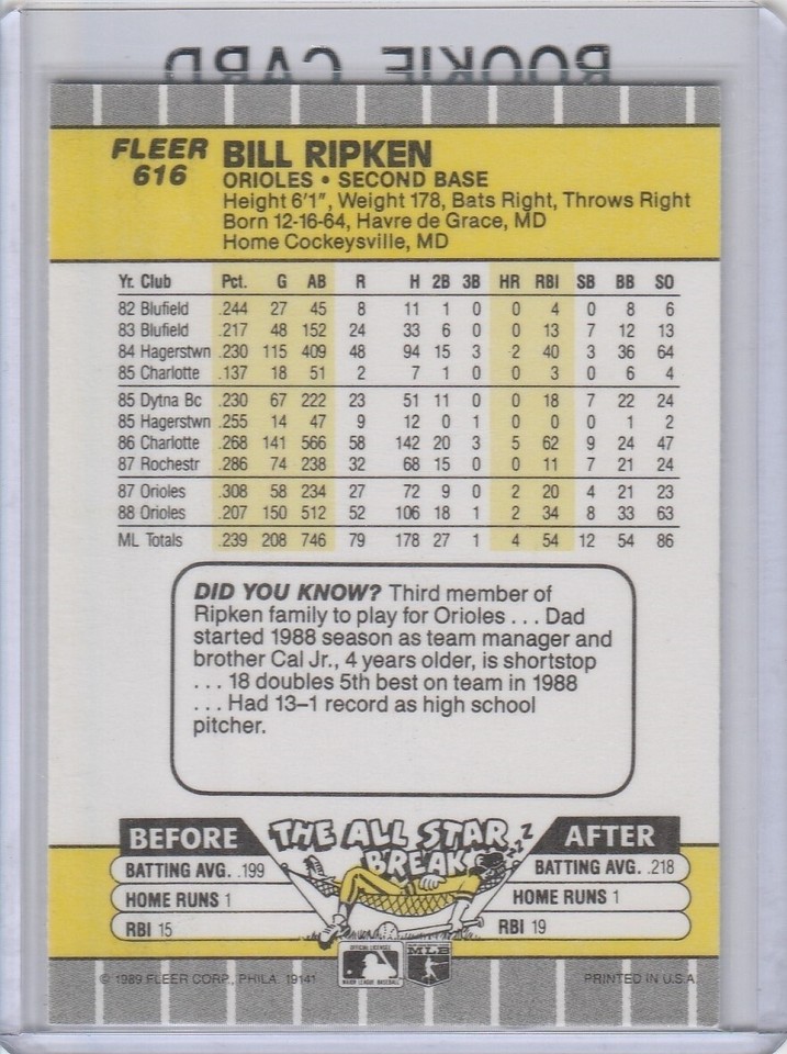 BILL RIPKIN 1989 Fleer ERROR ROOKIE CARD Baseball RC Black Box NO F ...