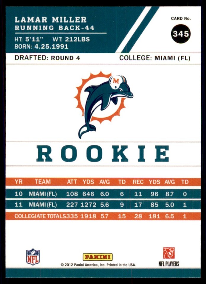 2012 Panini Score Lamar Miller Rookie Miami Dolphins #345 NFL Football ...