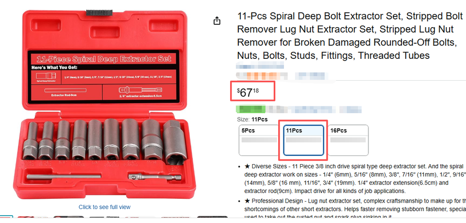 11-Pcs Spiral Deep Bolt Extractor Set, Stripped Bolt Remover Lug Nut ...