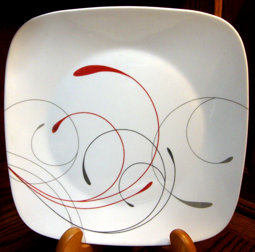 Set 6) Corelle Vitrelle Splendor Square Dinner Plates Red Gray Swirls ...