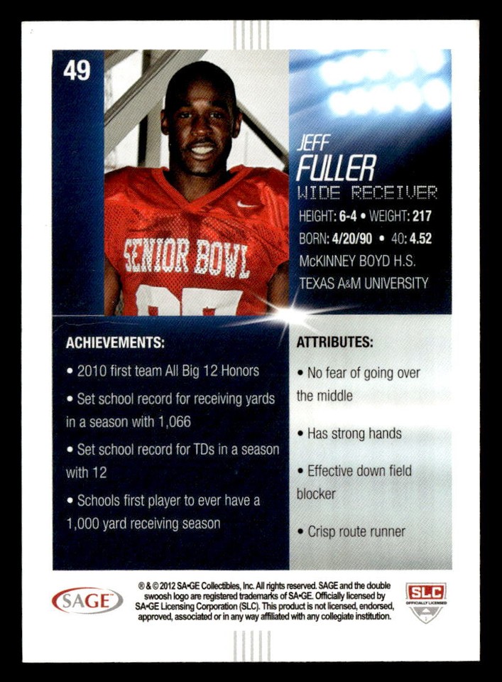 Jeff Fuller 2012 SAGE HIT Next Level Rookie Card #49 Texas A&M Aggies ...