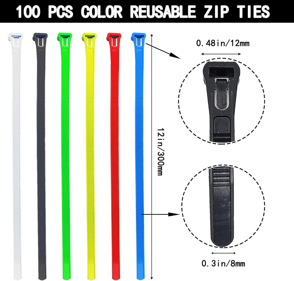 100 Pcs Color Reusable Zip Ties 12 Inch Releasable Cable Zip Ties ...