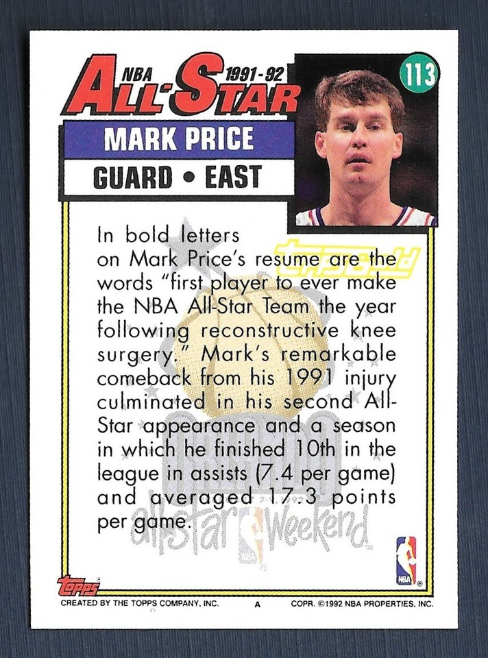 1992-93 Topps "Gold" Mark Price "All Star" #113 Cleveland Cavaliers NM ...