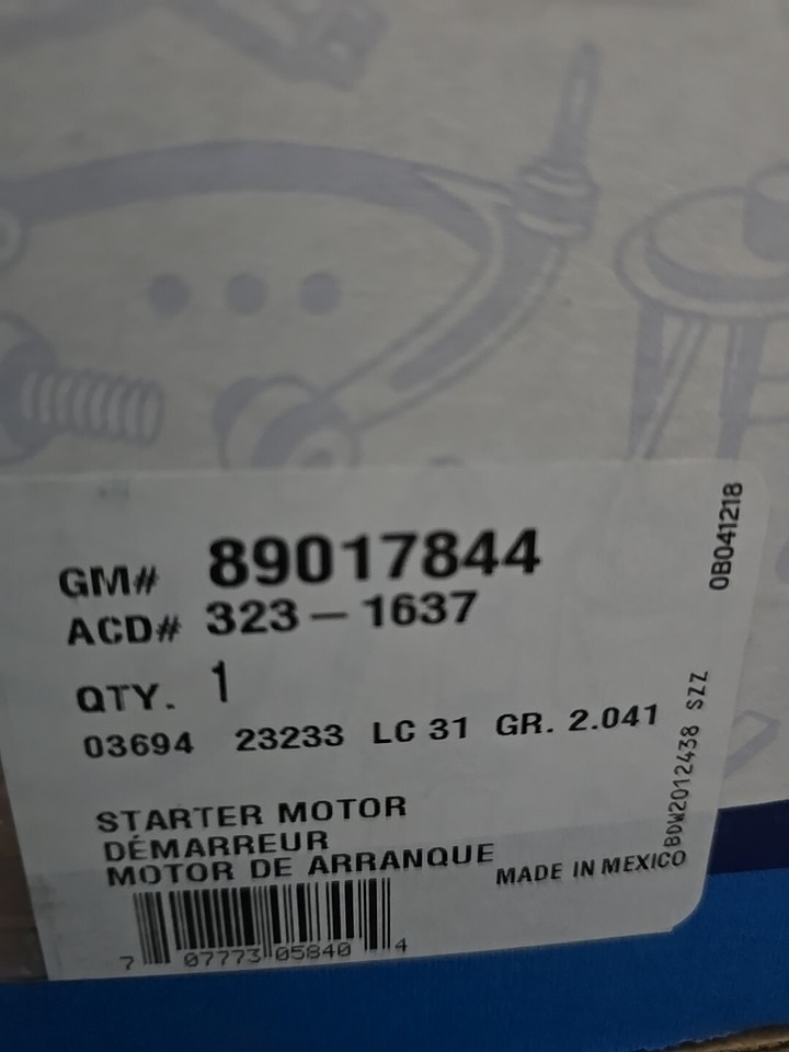 Starter Motor-VIN: U, Eng Code: LQ4 GM OEM 323-1637 2007-2010 Cadillac ...
