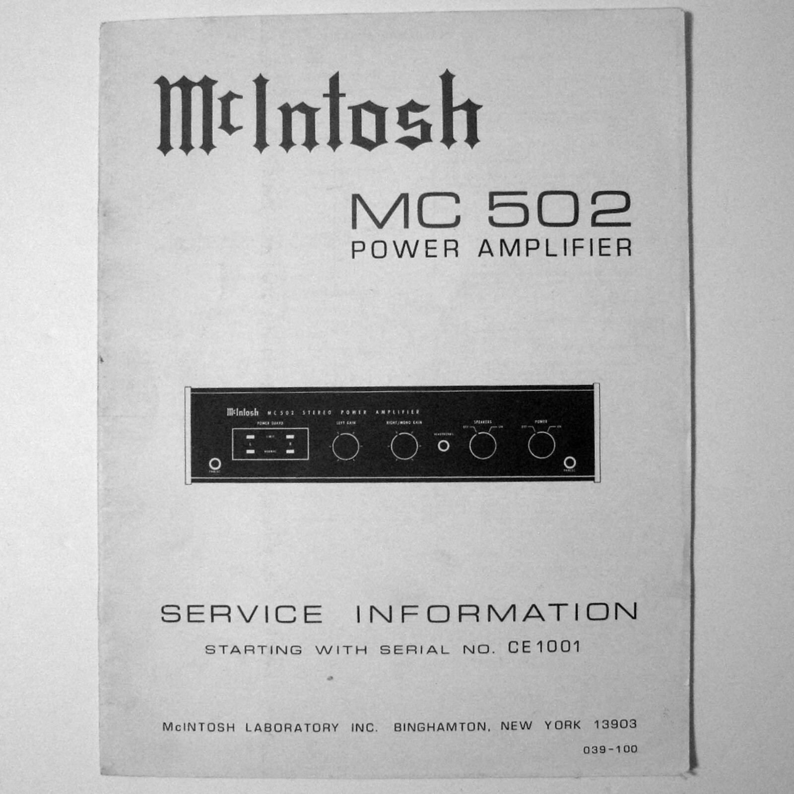 McIntosh Laboratory ® Model MC 502 MC502 Power Amplifier Service Manual ...
