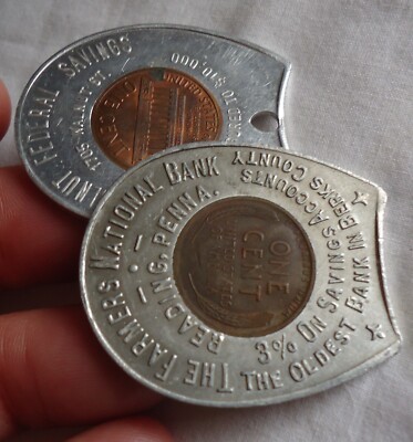 2 Encased Cents Good Luck Token BANKS 1923 farmers Reading ,1960 Walnut ...