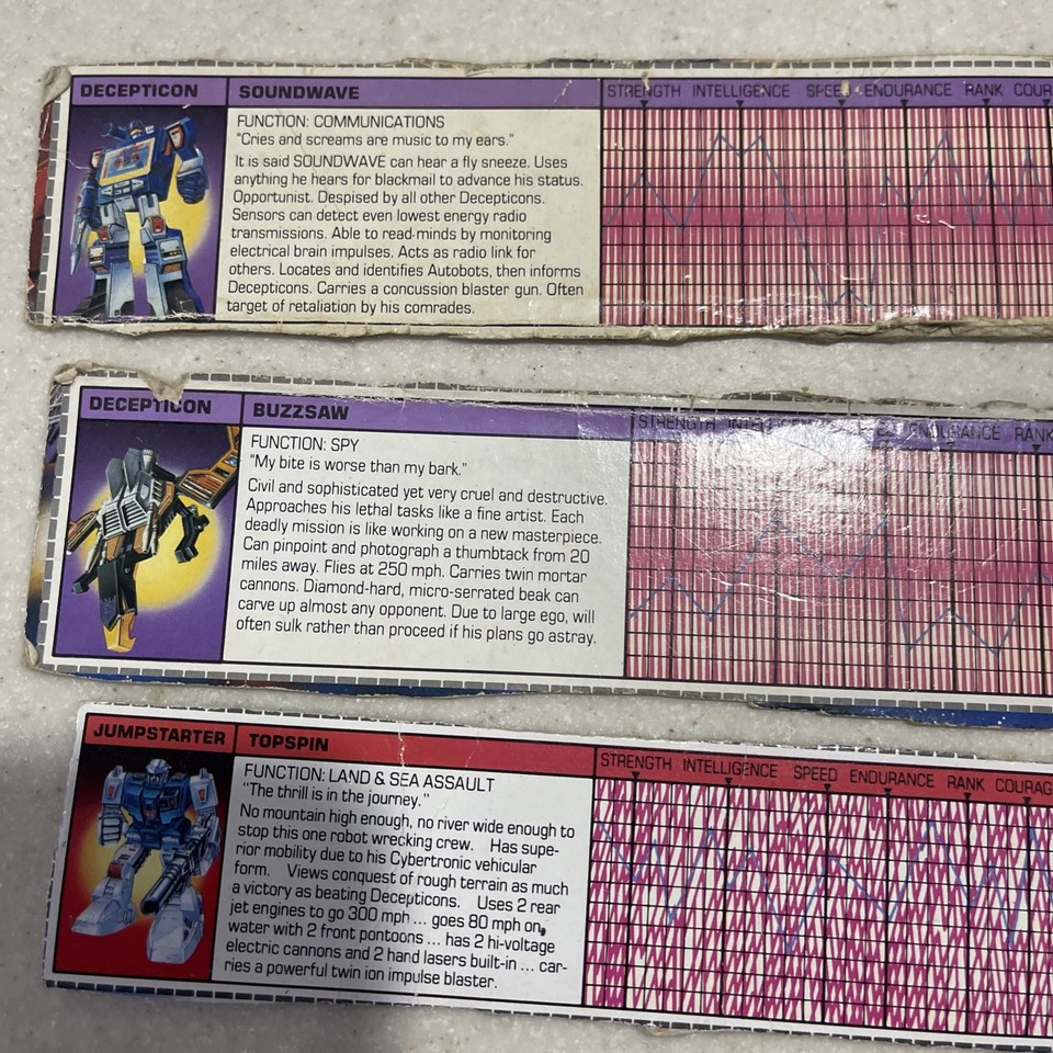 Vintage G1 TRANSFORMERS AUTOBOT Decepticon TECH SPEC FILE CARD Lot ...